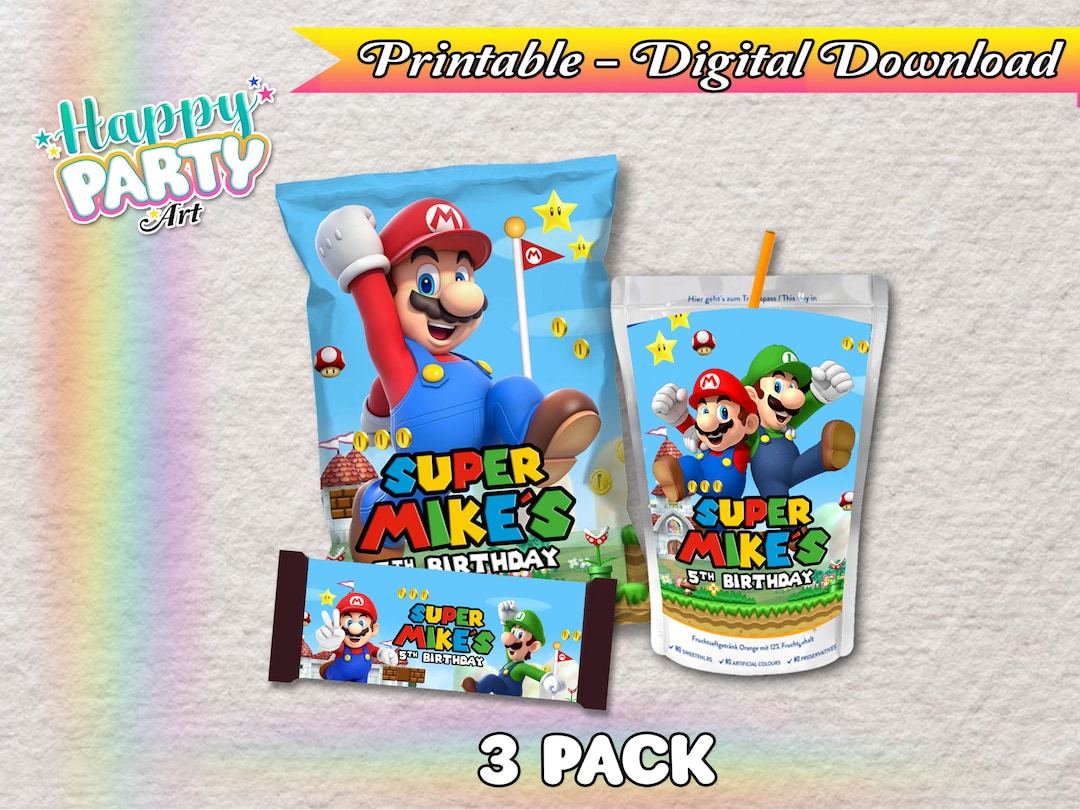 3 Pack Super Mario - Chip Bag - Candy Bar - Juice - Super Mario ...