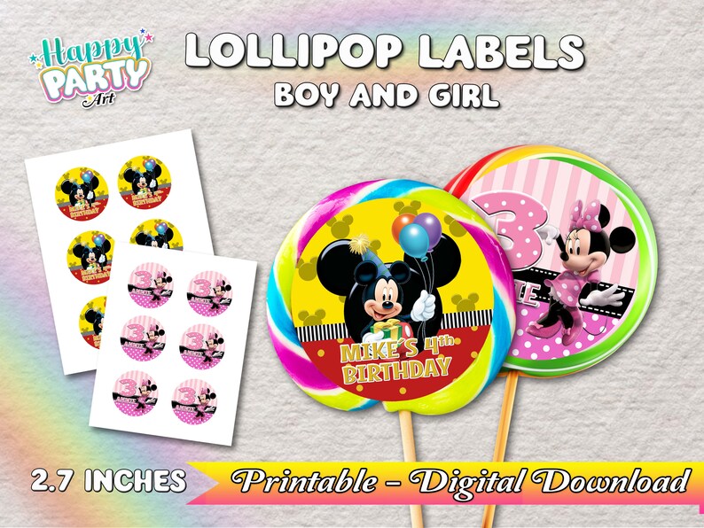 Lollipop Labels Mickey and Minnie Party Only DIGITAL - Etsy