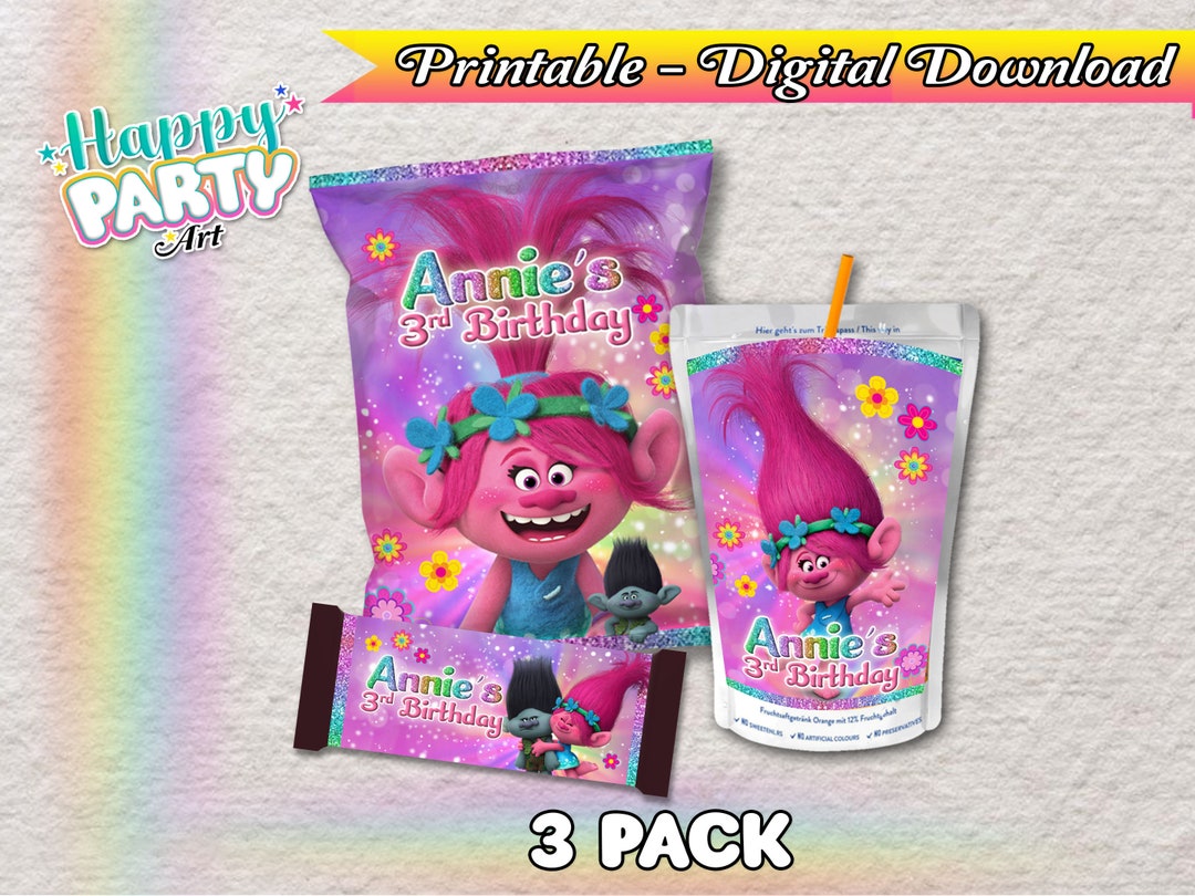 3 Pack Trolls Girl Chip Bag Candy Bar Water Bottle Trolls Lables ...