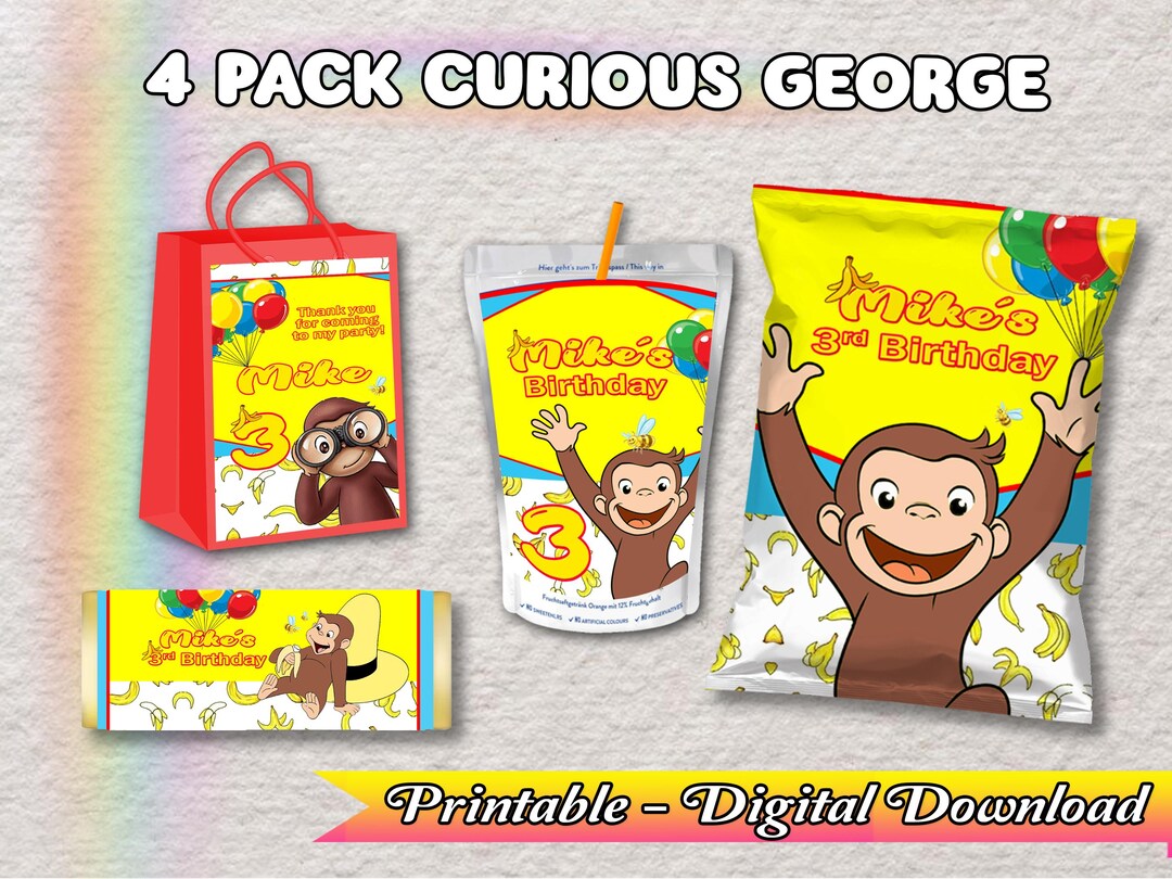 4 Pack - Curious George - Chip Bag - Juice - Favor Bag - Candy Bar ...