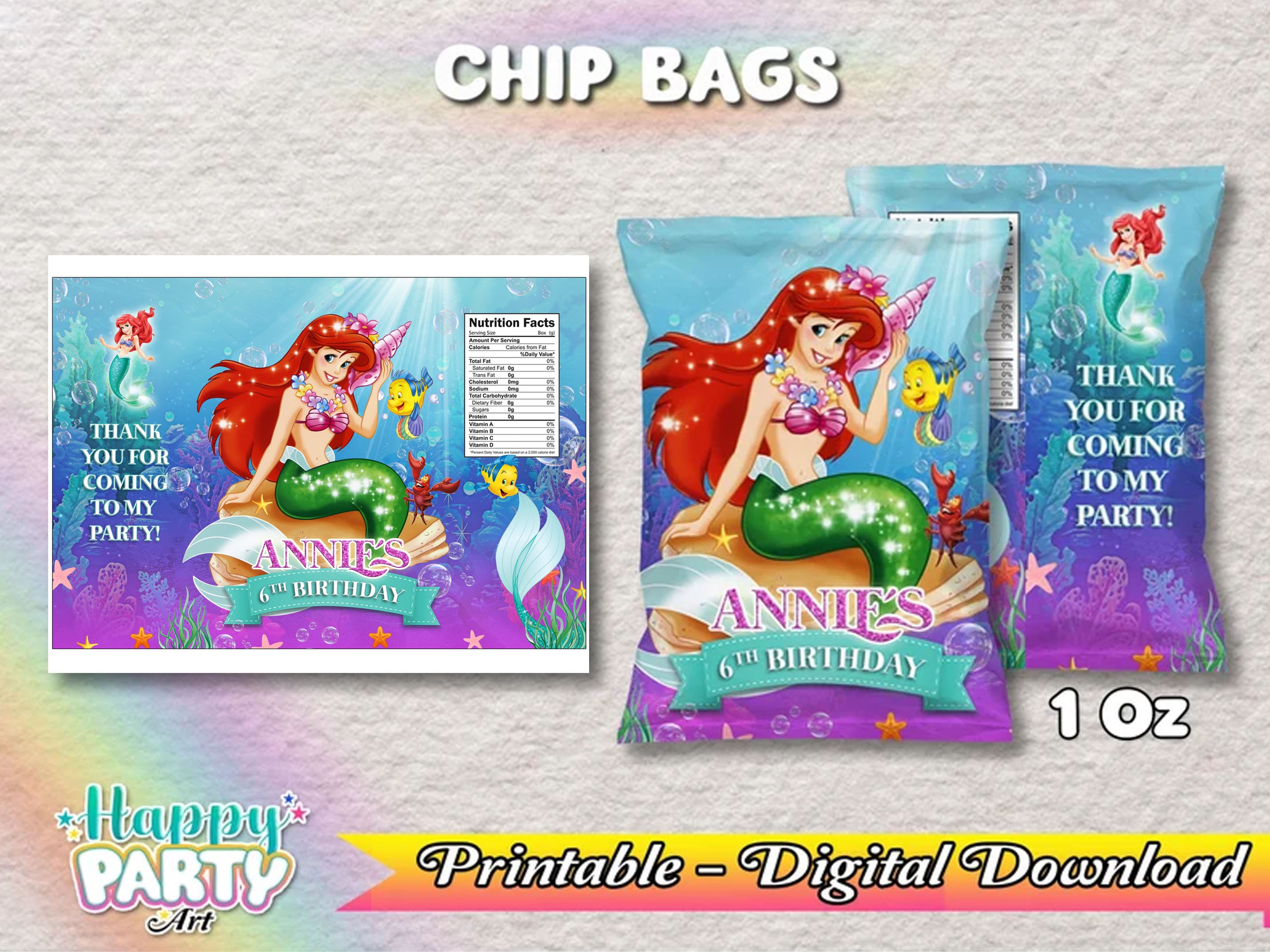 Chip Bag Little Mermaid Ariel Party Girl Only DIGITAL - Etsy