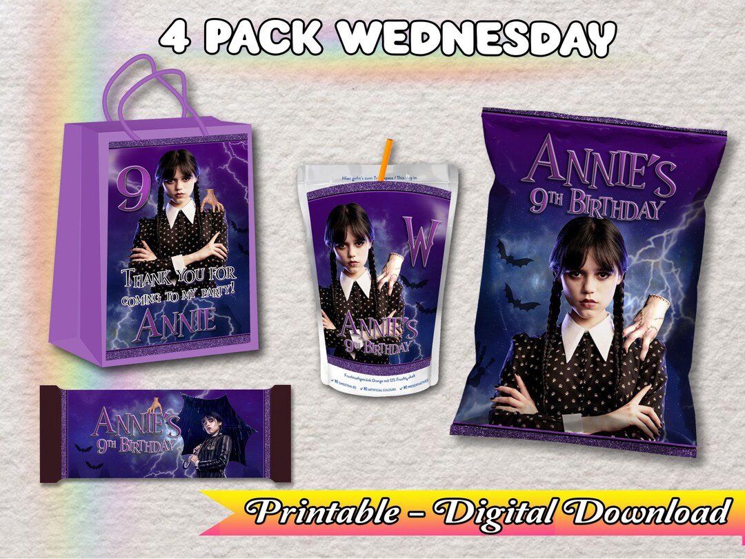 4 Pack Wednesday Girl Chip Bag Juice Candy Bar Favor Bag Wednesday ...
