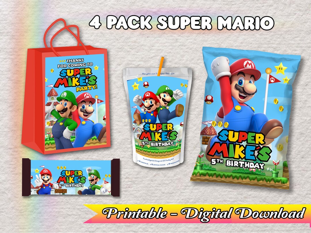 4 Pack Super Mario - Chip Bag - Candy Bar - Juice - Candy Bar - Favor ...