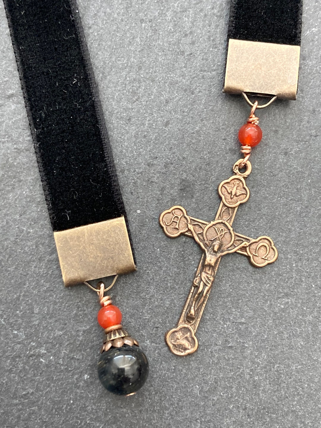 Velvet Catholic Bookmark - Sacraments Crucifix - Bronze - Black Velvet ...