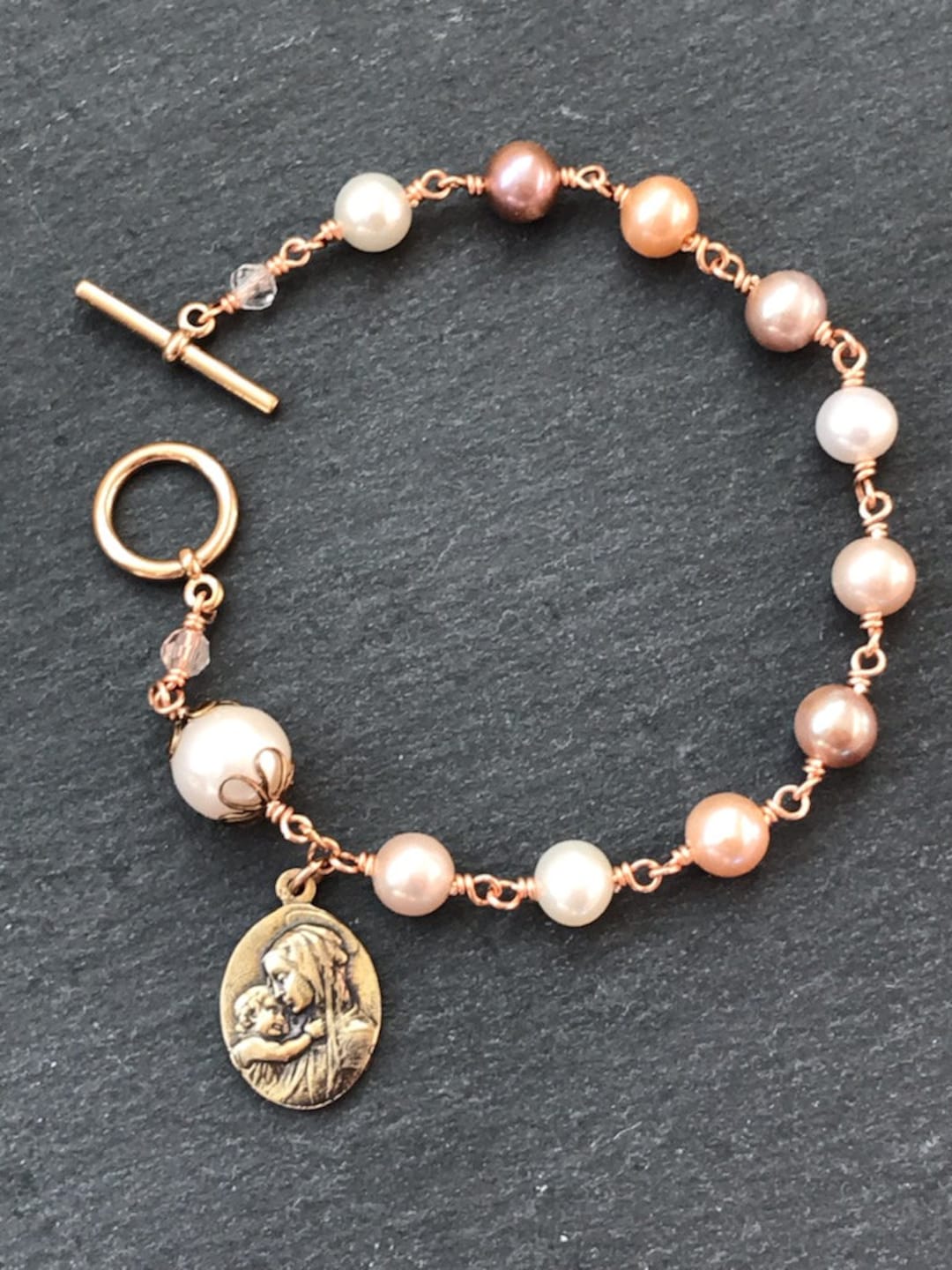 Pearl Bronze Rosary Bracelet - Madonna and Child - Etsy