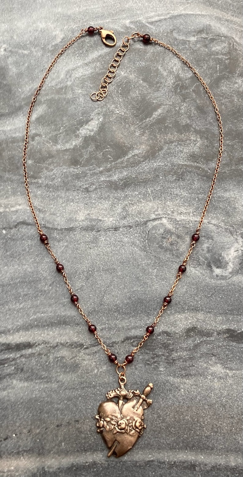 Immaculate Heart Necklace - Solid Bronze and Garnet - Etsy