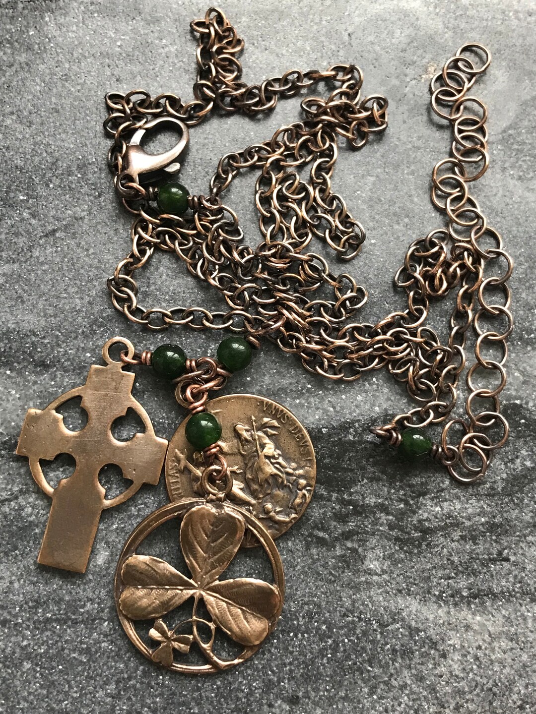 Irish Holy Spirit Necklace - Solid Bronze and Jade - Celtic Cross ...