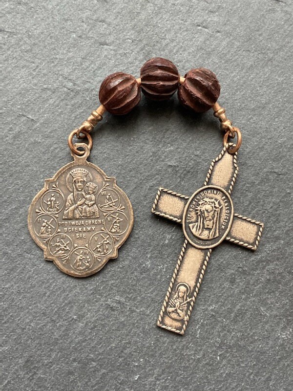 Stations of the Cross Three Hail Mary Chaplet - Bronze and Leather ...