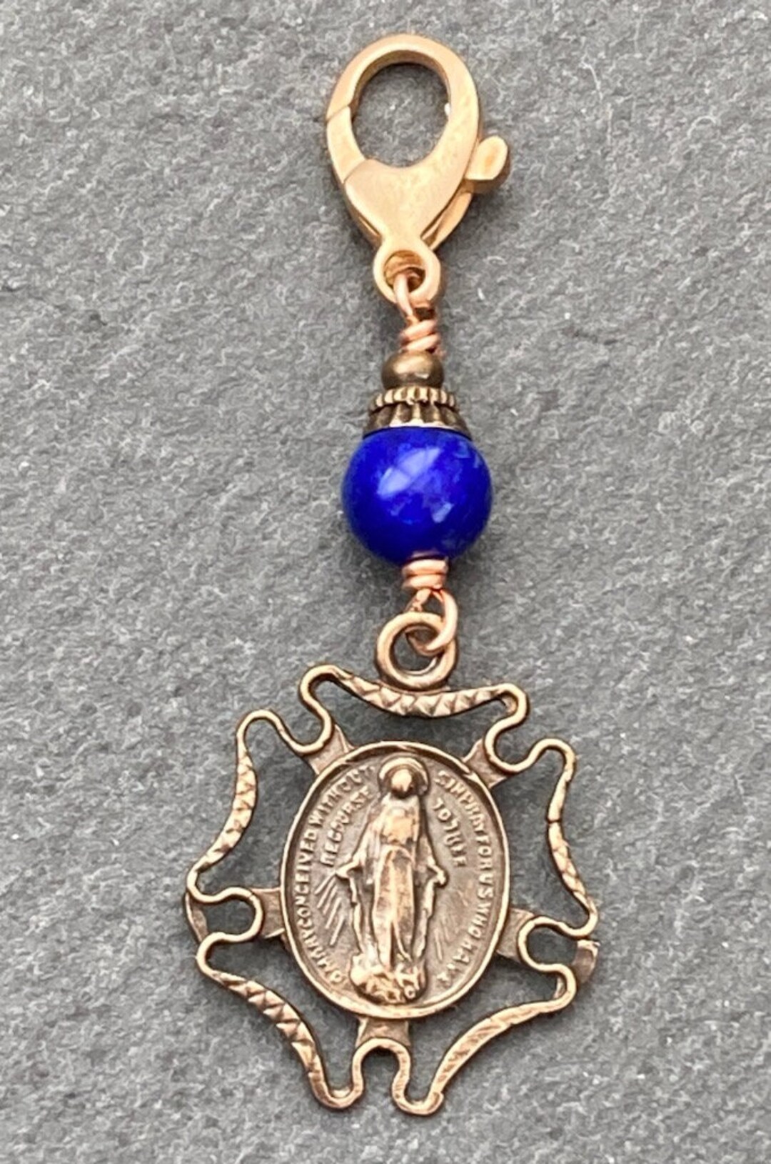 Bag Charm Miraculous Medal Virgin Mary Zipper Pull - Bronze and Lapis ...