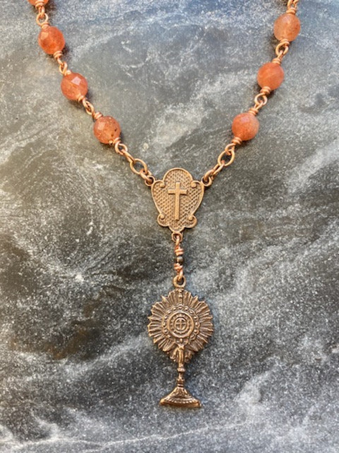 Blessed Sacrament Chaplet Necklace Gold Sunstone and Bronze - Etsy
