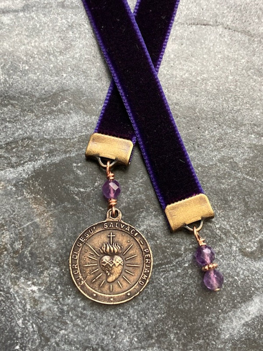 Velvet Catholic Bookmark - Sacred Heart and Holy Name - Bronze - Purple ...