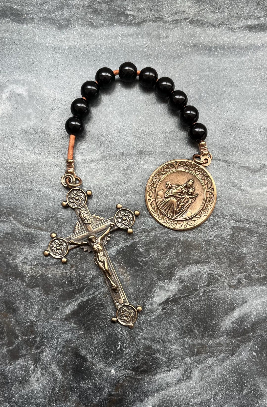 Virgin Mary Tenner - Bronze and Leather - Pocket Rosary - Our Lady of ...