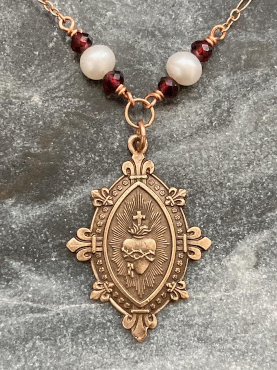 Sacred Heart Necklace Catholic Solid Bronze Pearls and Garnets - Etsy