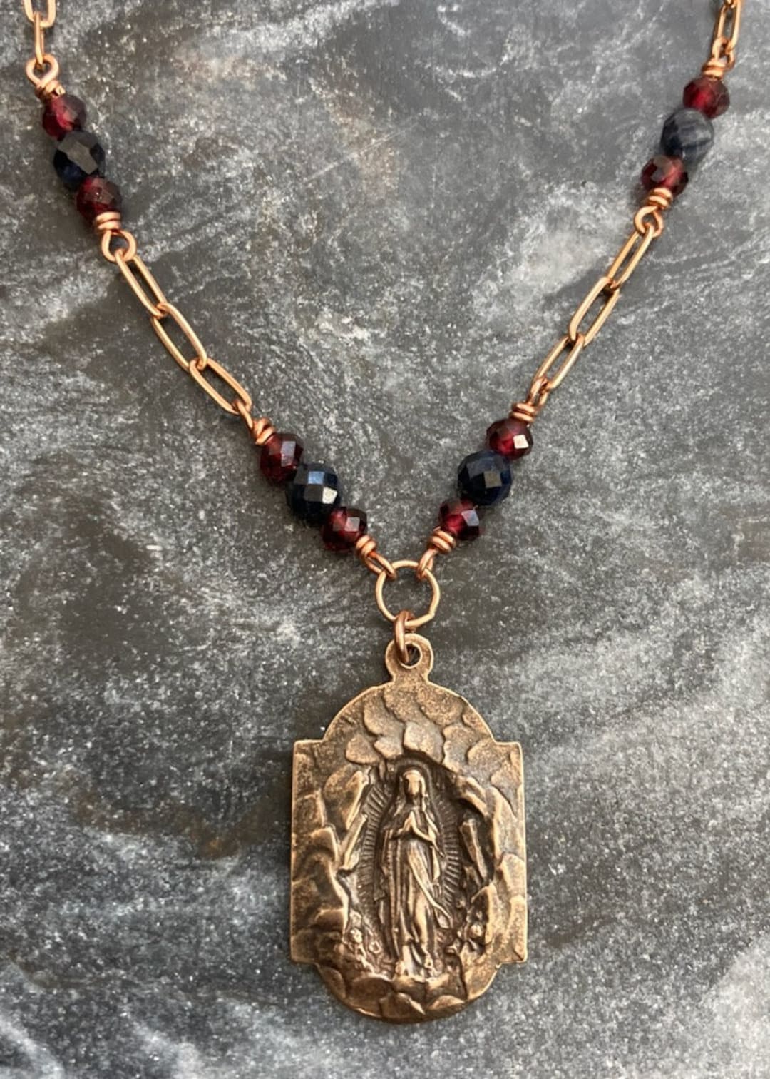 Virgin Mary Lourdes Grotto Necklace - Sapphire Garnet and Bronze - Etsy