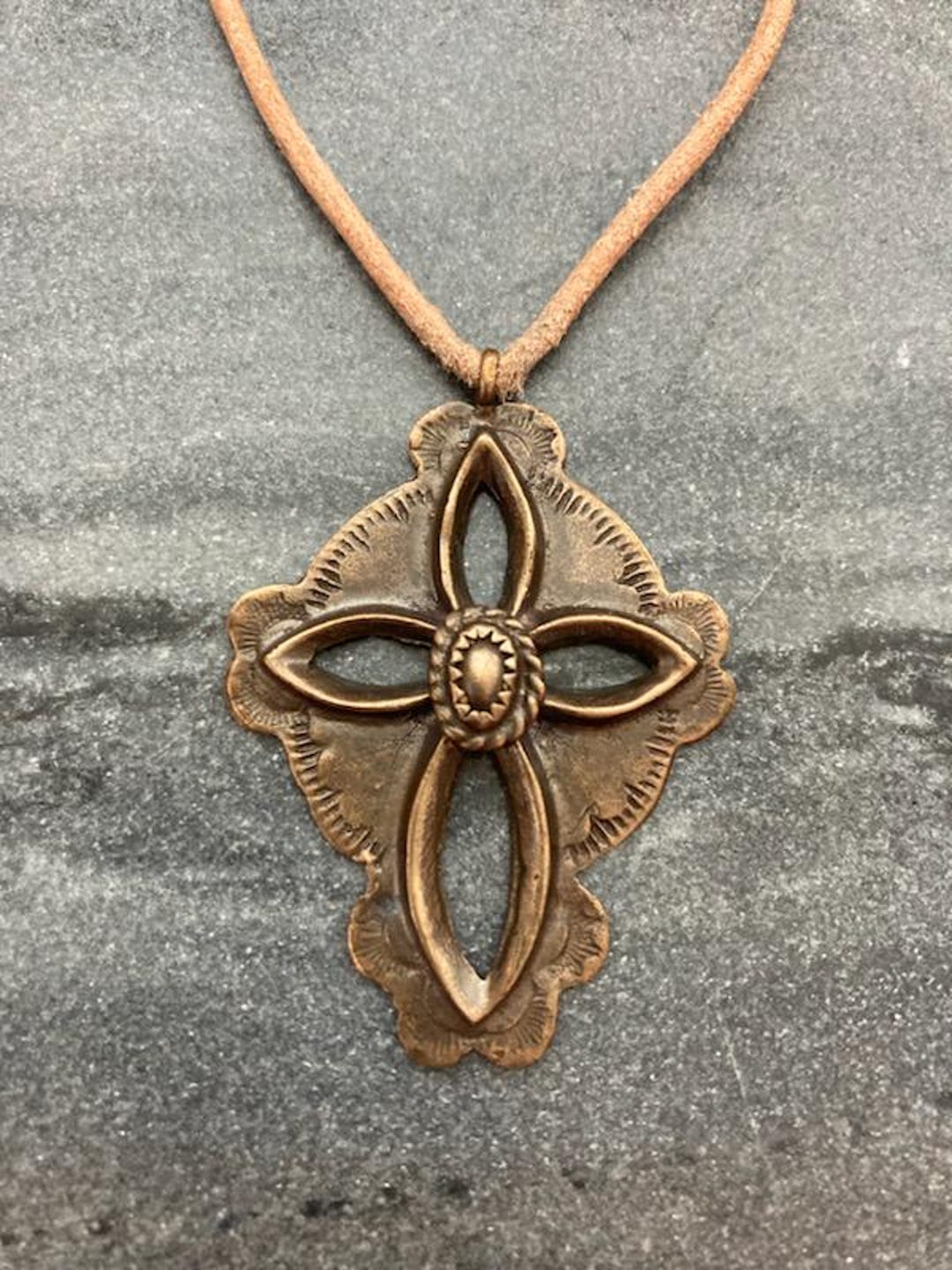 Southwestern Cross Solid Bronze or Sterling Silver and Leather Necklace ...