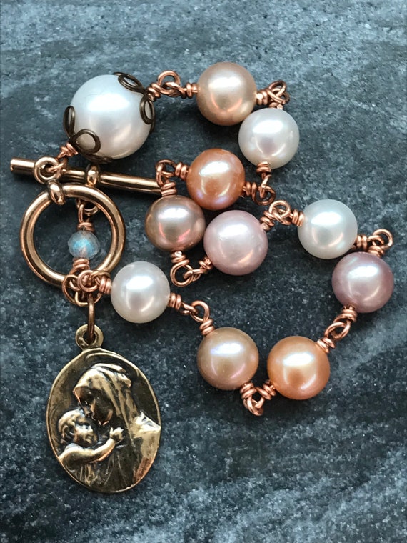 Pearl Bronze Rosary Bracelet Madonna and Child - Etsy