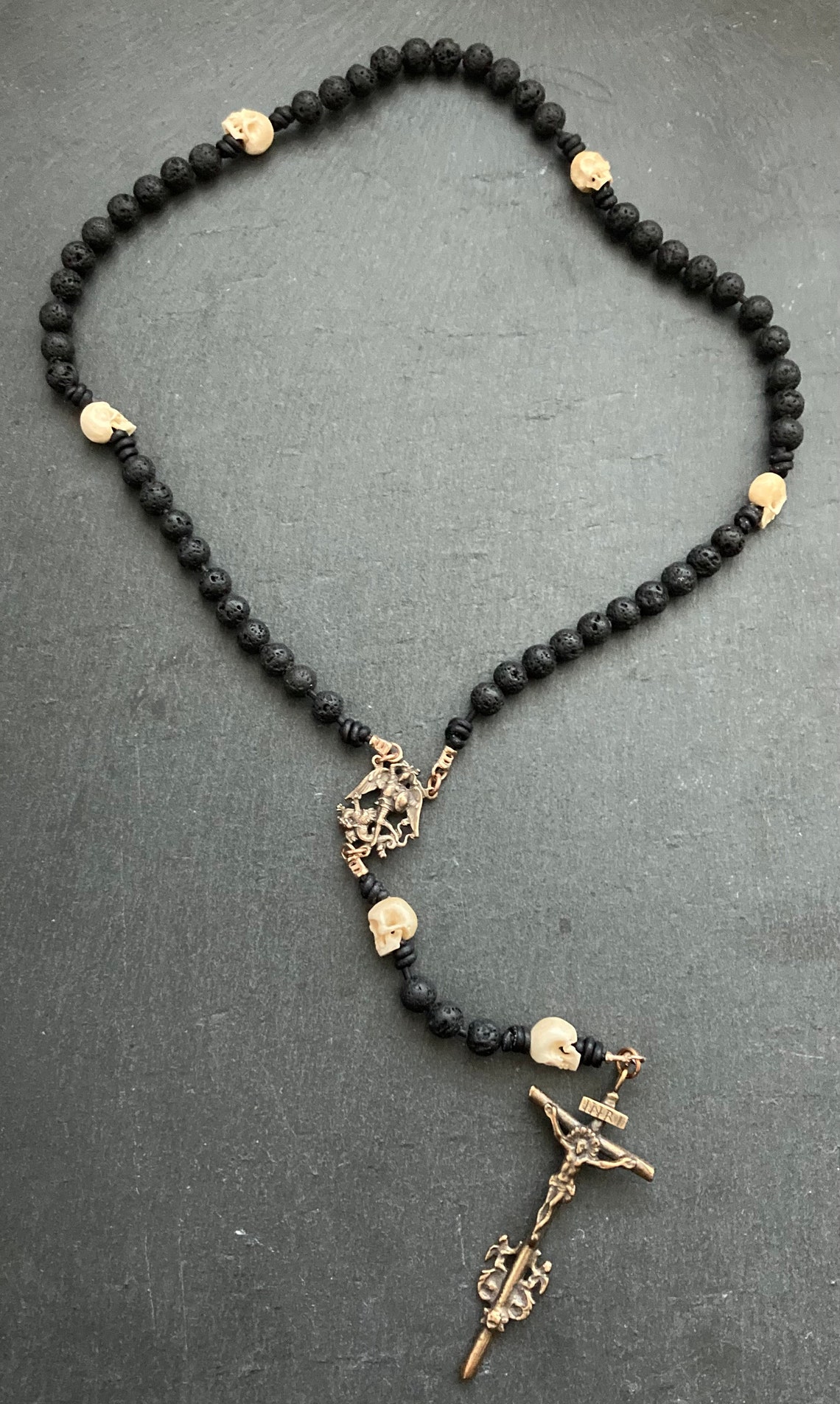Saint Michael Rosary - Bronze Oxbone Skulls Lava Beads and Leather - Etsy