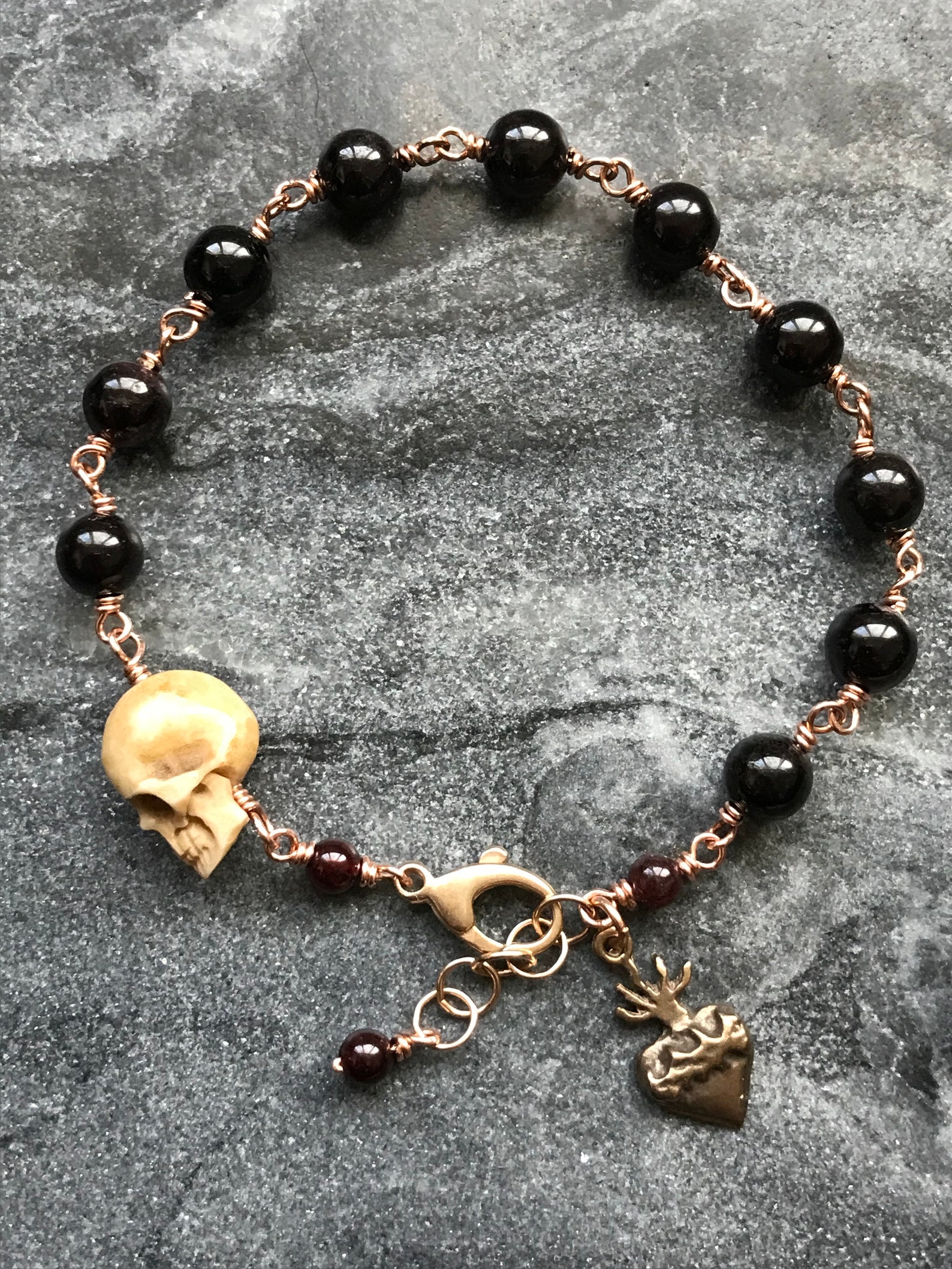 Memento Mori Rosary Bracelet - Sacred Heart - Solid Bronze and Garnet ...