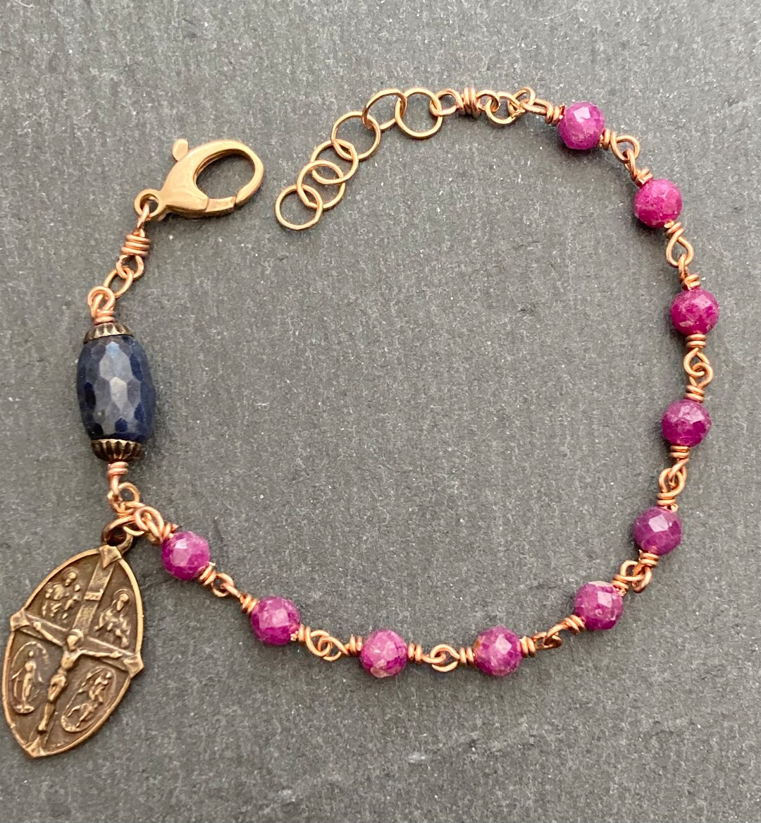 Four Way Cross Ruby Sapphire and Bronze Rosary Bracelet - Etsy