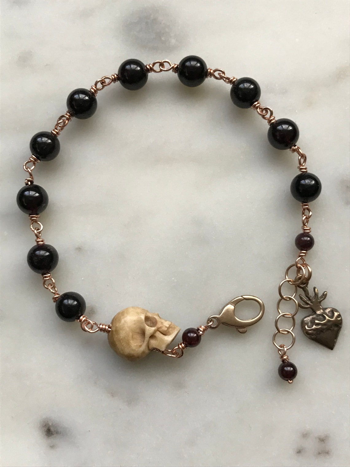 Memento Mori Rosary Bracelet - Sacred Heart - Solid Bronze and Garnet ...