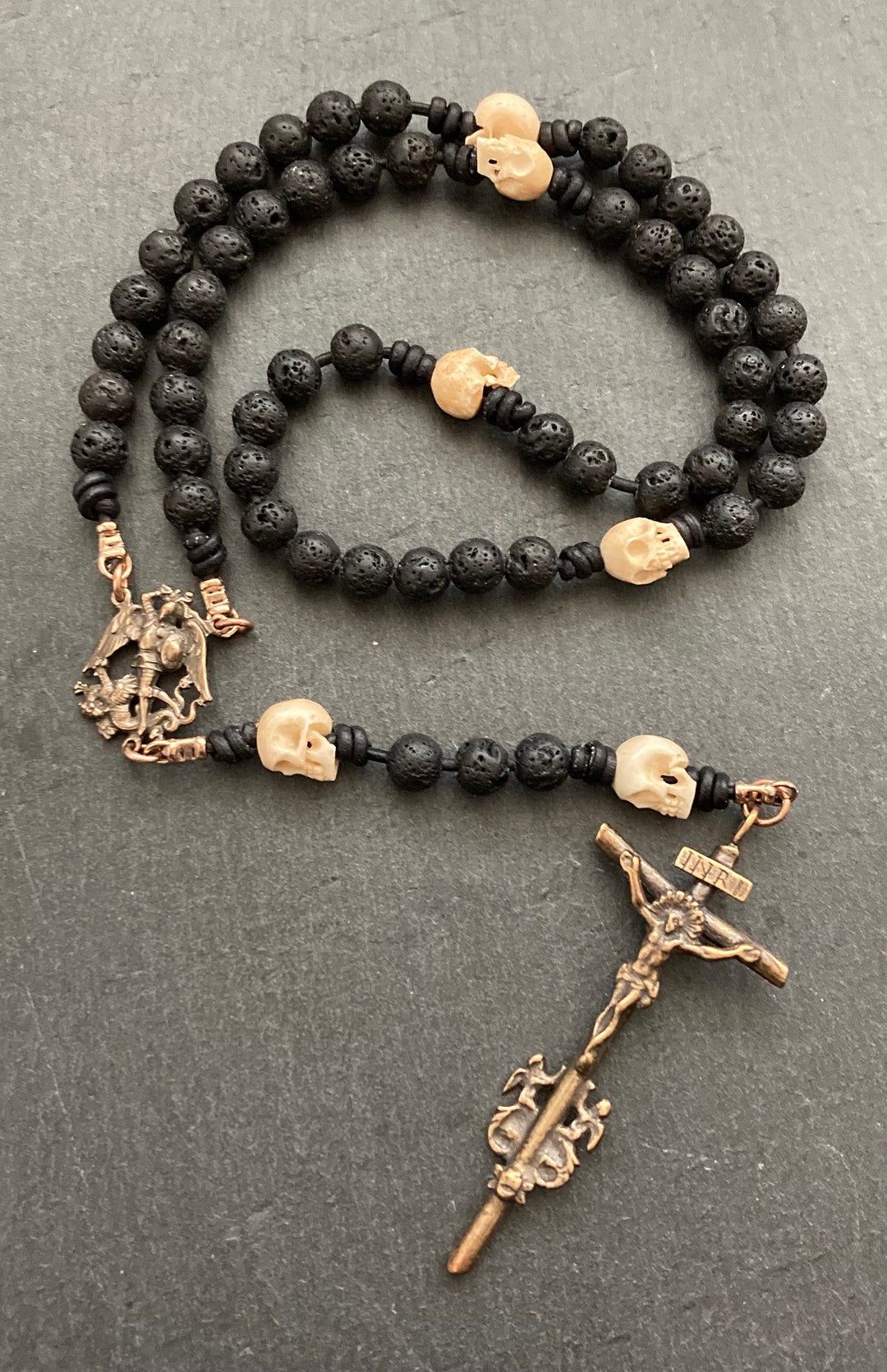 Saint Michael Rosary - Bronze Oxbone Skulls Lava Beads and Leather - Etsy