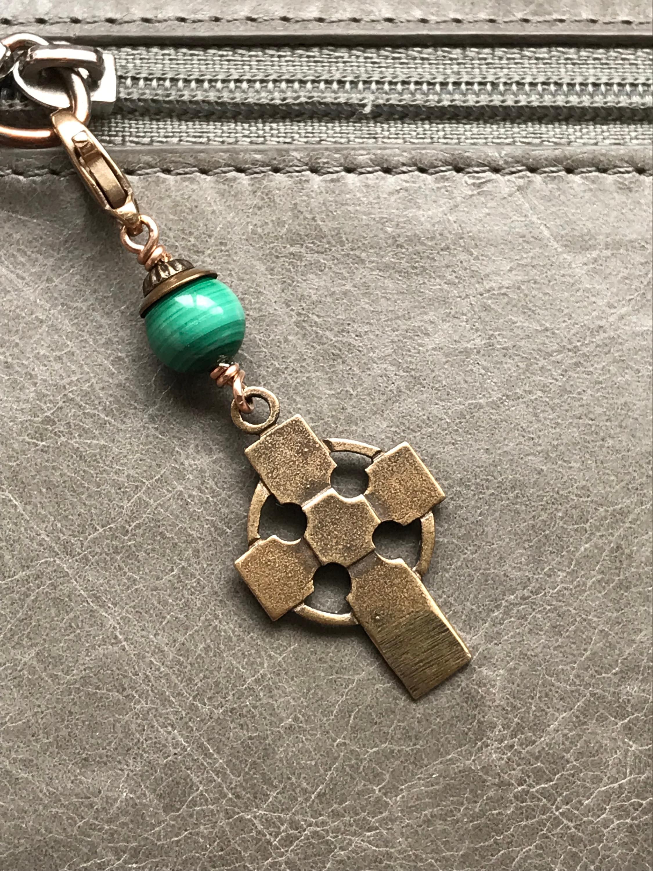 Bag Charm Celtic Cross Zipper Pull Bronze and Malachite - Etsy