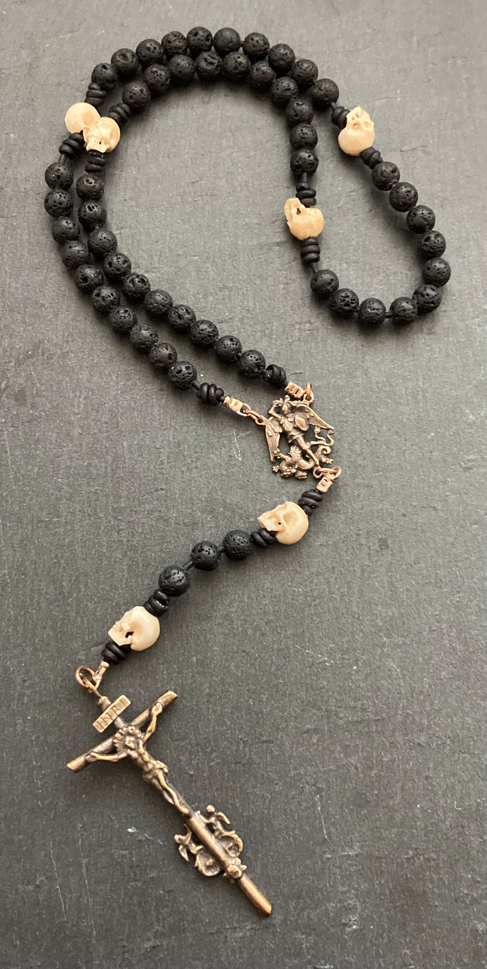 Saint Michael Rosary - Bronze Oxbone Skulls Lava Beads and Leather - Etsy