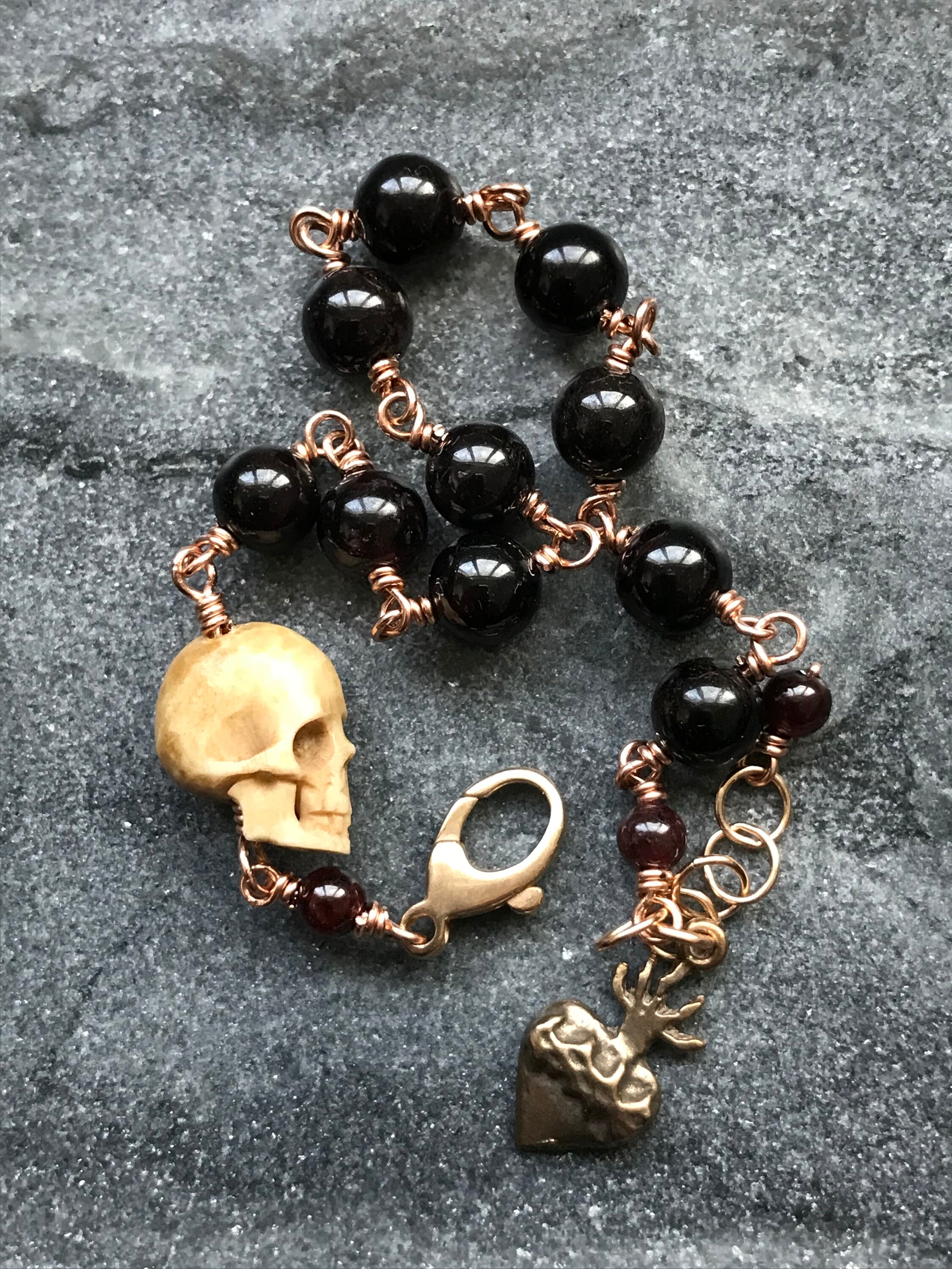 Memento Mori Rosary Bracelet - Sacred Heart - Solid Bronze and Garnet ...