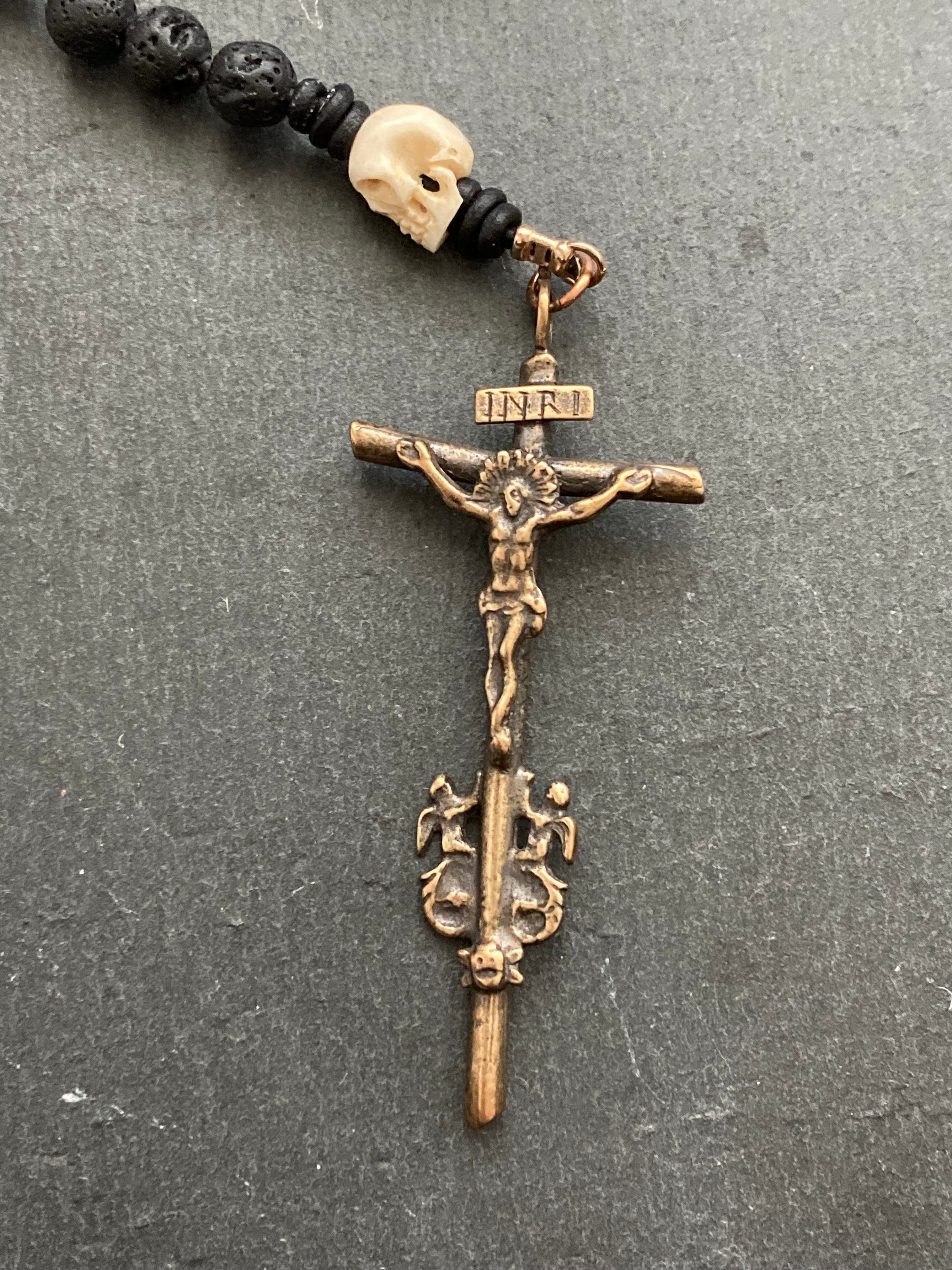 Saint Michael Rosary - Bronze Oxbone Skulls Lava Beads and Leather - Etsy