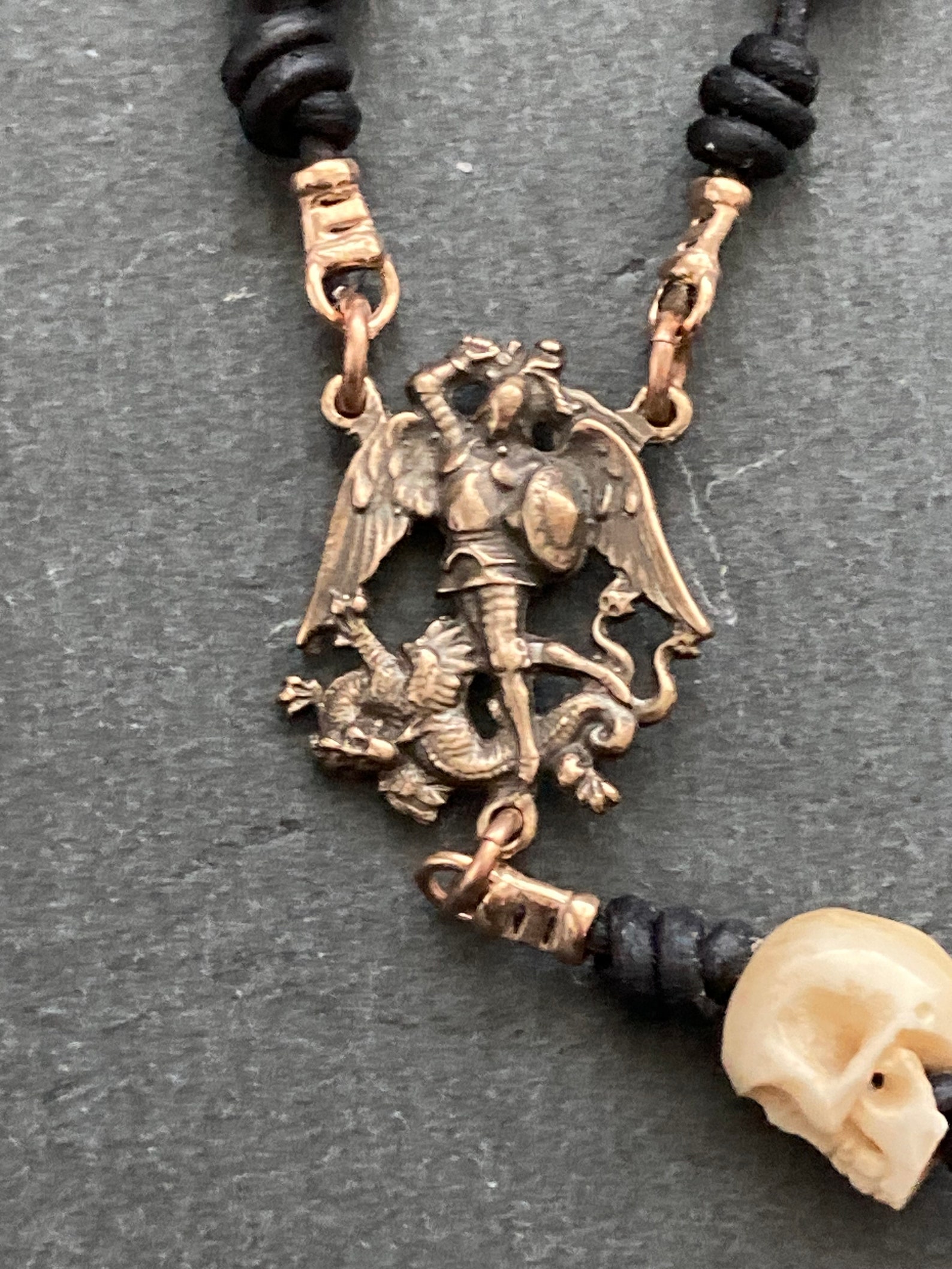 Saint Michael Rosary - Bronze Oxbone Skulls Lava Beads and Leather - Etsy