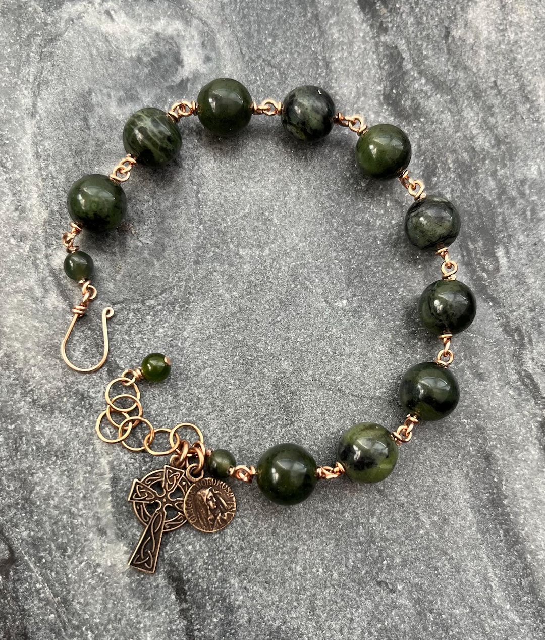 Celtic Cross Blessed Virgin Mary Nephrite Jade and Bronze Rosary ...
