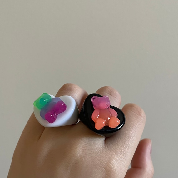 Rainbow Gummy Bear Heart Shaped Chunky Resin Ring | Etsy