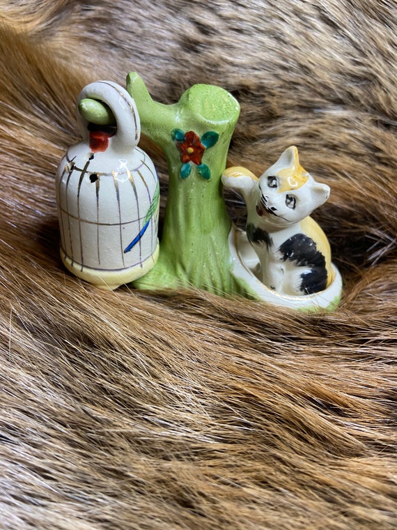 Salt Pepper Cat Under Tree With Bird Cage Ceramic Made in | Etsy
