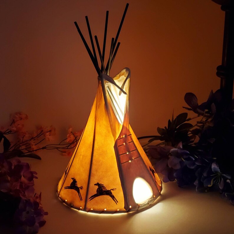 Teepee Lamp, horse Border, Rawhide Teepee Lamp, Handmade and Painted by ...