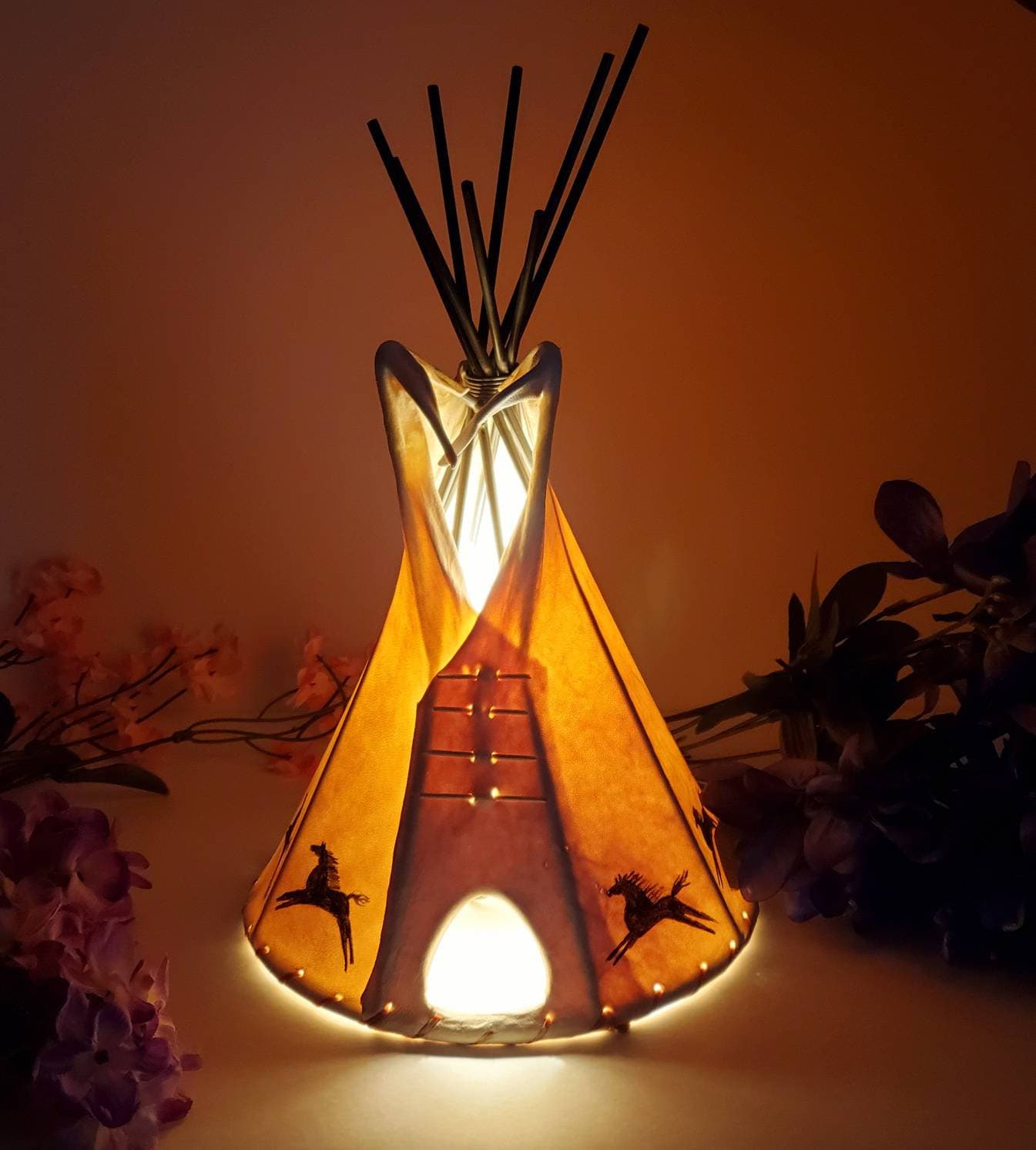 Teepee Lamp, horse Border, Rawhide Teepee Lamp, Handmade and Painted by ...