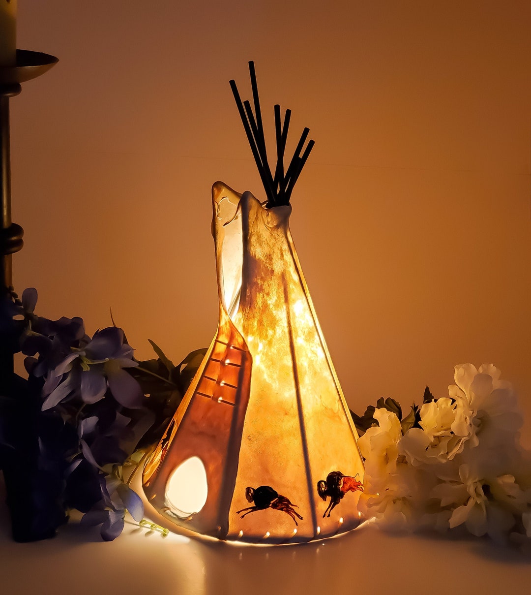 Teepee Lamp 8x14, buff Borders, Rawhide Teepee Lamp, Handmade and ...