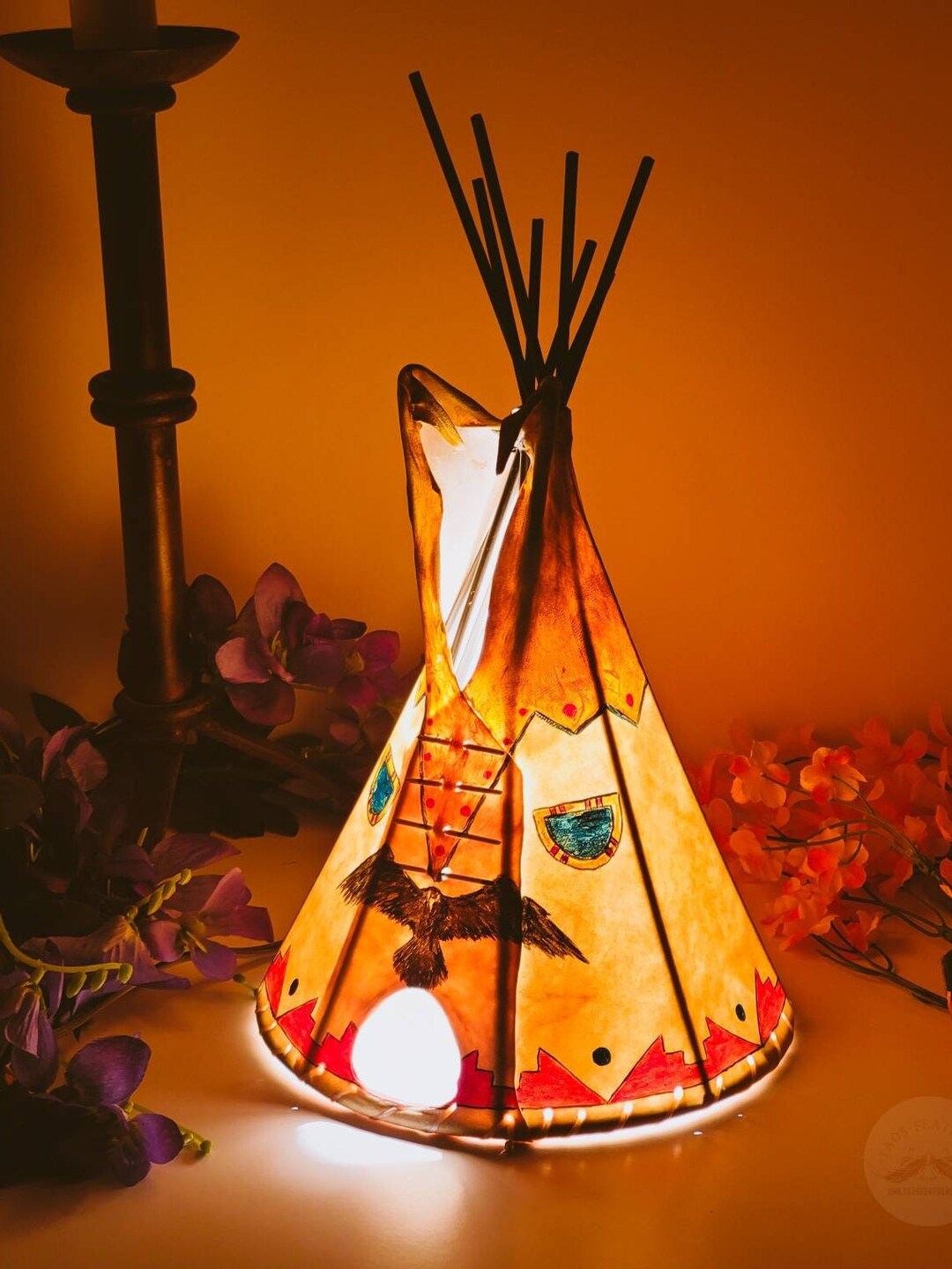 Teepee Lamp 8x14, raven 3, Rawhide Teepee Lamp, Handmade and Painted by ...
