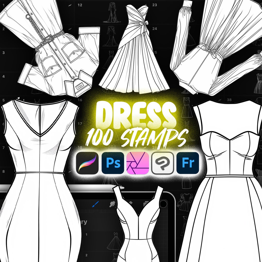 100 Procreate Dresses Stamp Brushes | Procreate Clothing Stamp Brushes | Procreate Fashion ...