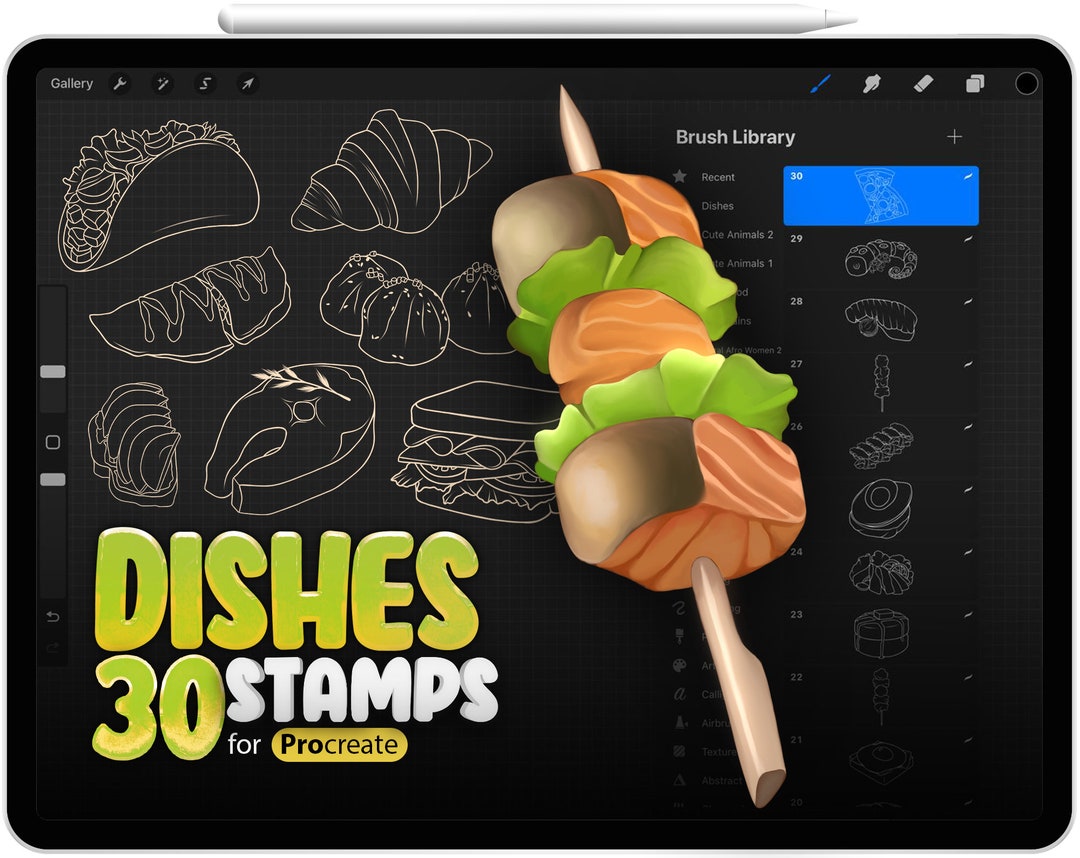 30 Procreate Dishes Stamp Brushes, Sandwich, Croissant, Fish, Kebab ...