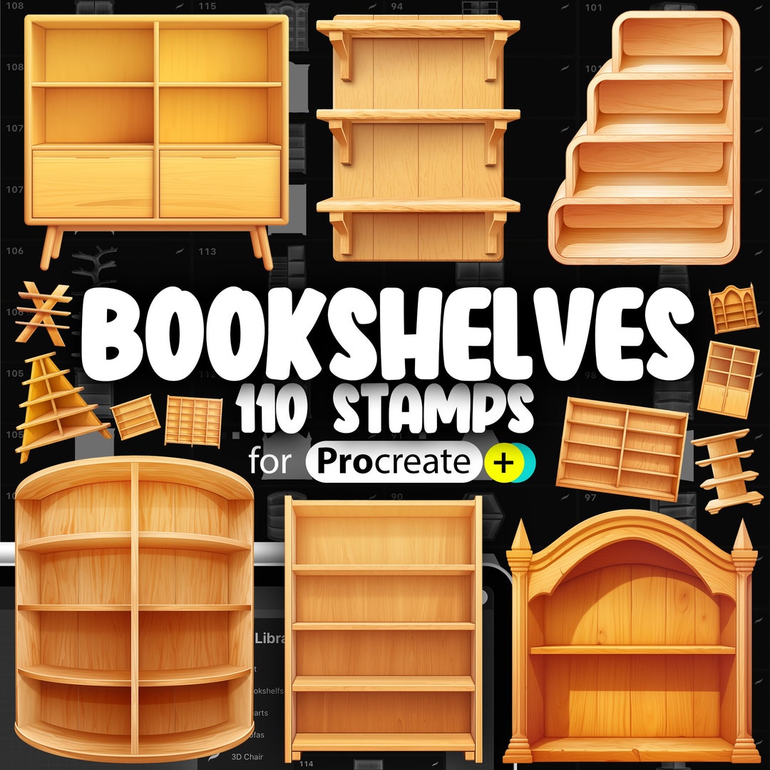 110 Procreate 3D Bookshelves Stamp Brushes | Procreate Bookshelf Stamps ...