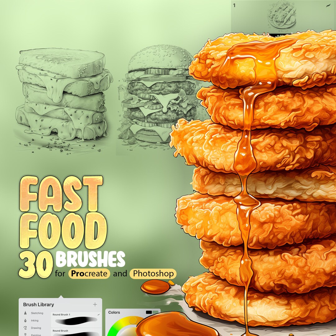 30 Fast Food Procreate Stamp Brushes, Burger, Hotdog, Tacos, Popcorn ...