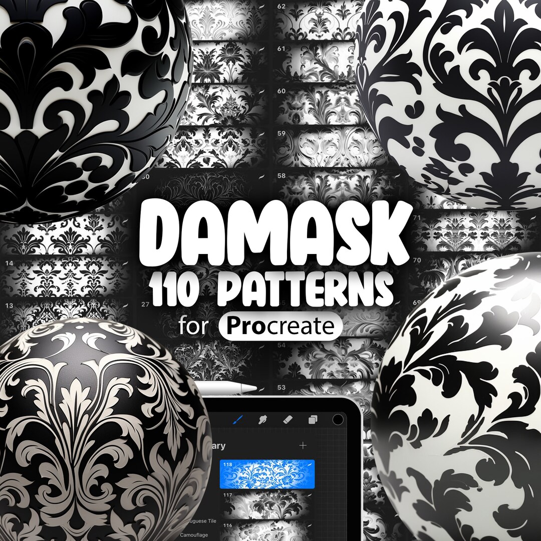 110 Procreate Damask Patterns | Traditional Floral Damask Procreate Texture Seamless Brushes ...