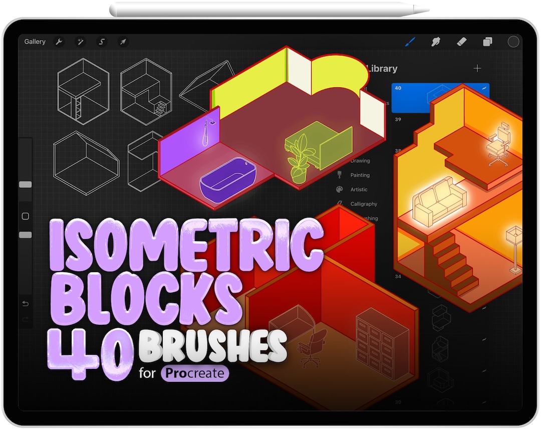 40 Isometric Blocks Brush for Procreate, Room Isometric Brush for ...