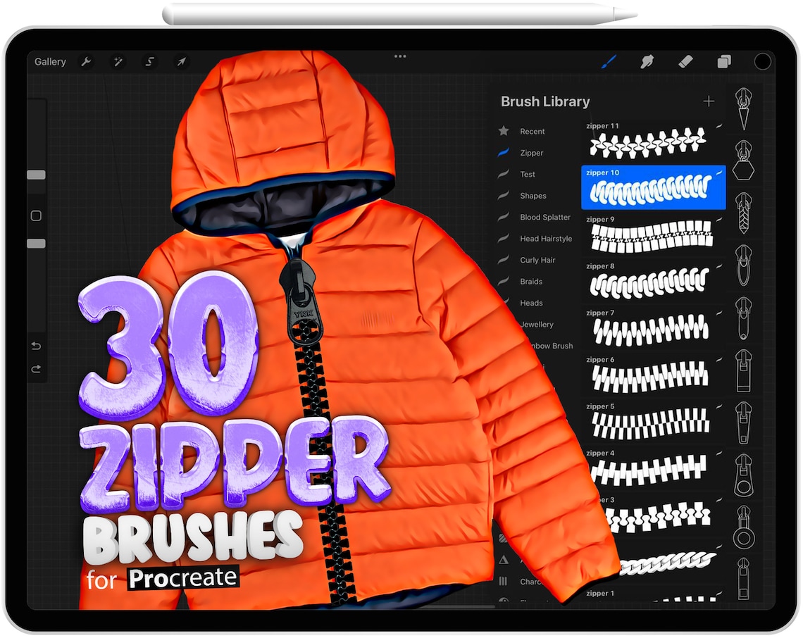 30 Procreate Zipper Brushes Procreate Zipper Pull Stamp - Etsy