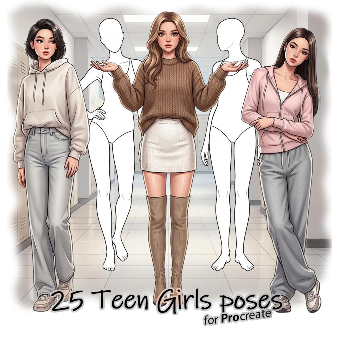 25 Procreate Teen Girls Croquis Stamps Part -2 | Teenage Kids Poses ...