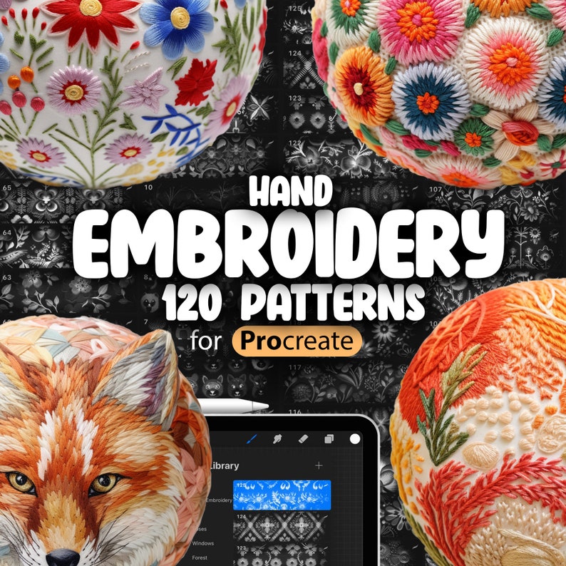 120 Procreate Hand Embroidery Patterns | Procreate Needlework Brushes ...