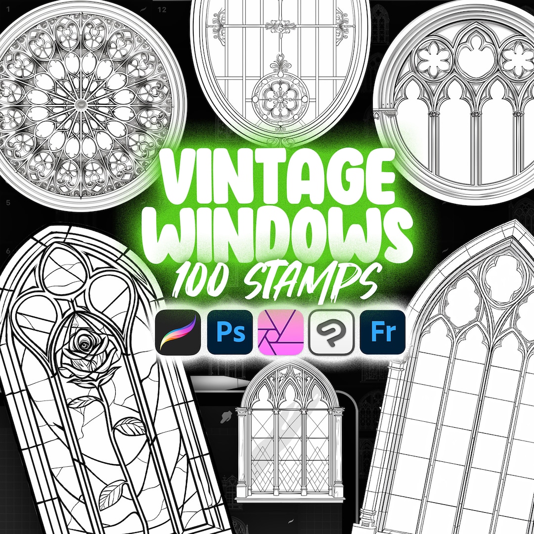 100 Procreate Vintage Windows Stamps | Photoshop Gothic Windows Brush ...
