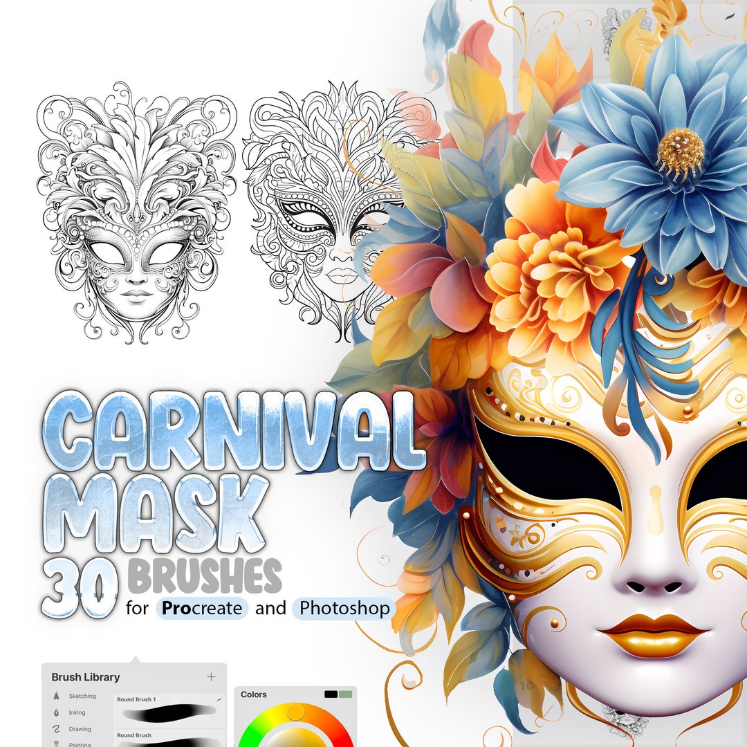 30 Masquerade Mask Procreate Stamp Brushes, Floral Carnival Mask Stamp ...