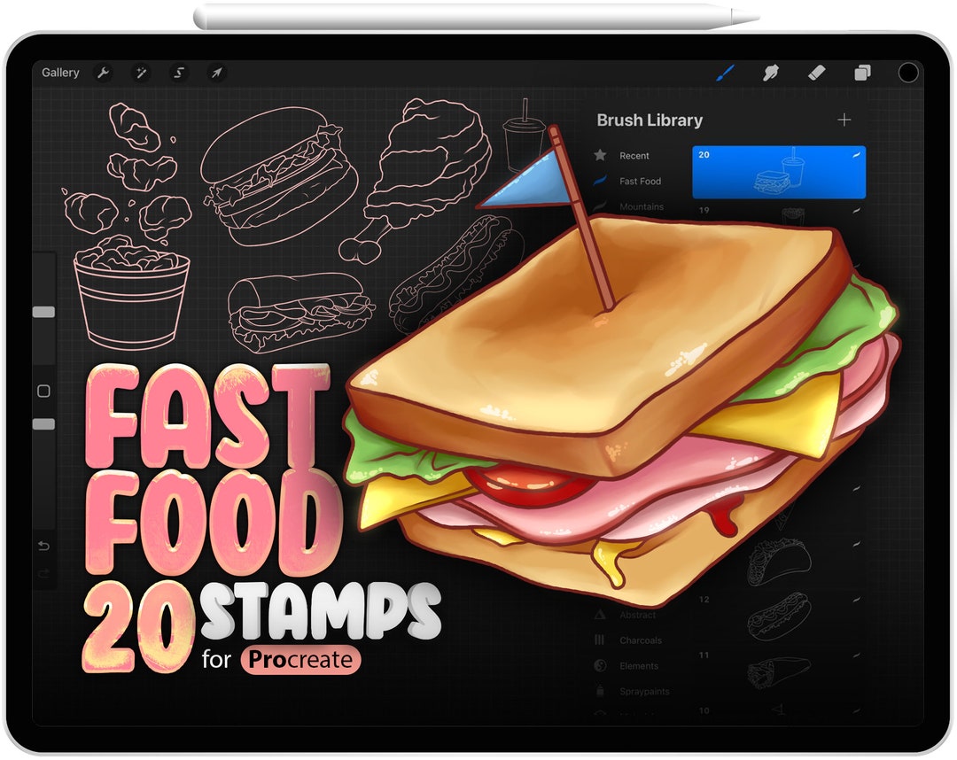 20 Procreate Fast Food Stamp Brushes, Fries, Chicken Wing, Burger Brush ...