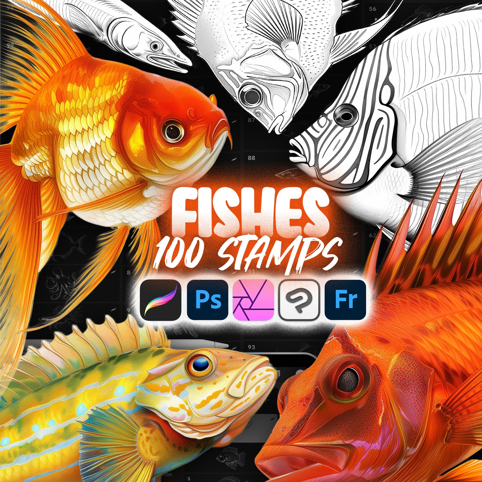 100 Procreate Fish Stamp Brushes | Photoshop Fish Brush | Clip Studio ...